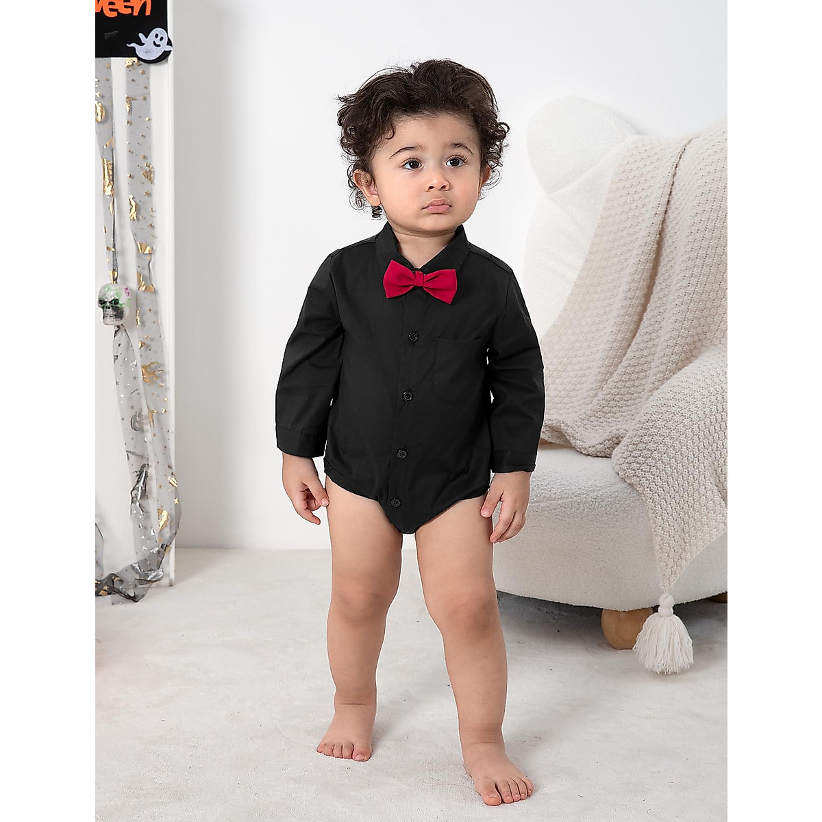 A&J DESIGN Baby Boy Button Down Shirt Infant Dress Bodysuit Gentlemen Long Sleeve One Piece Formal Rompers 12-18 Months Black