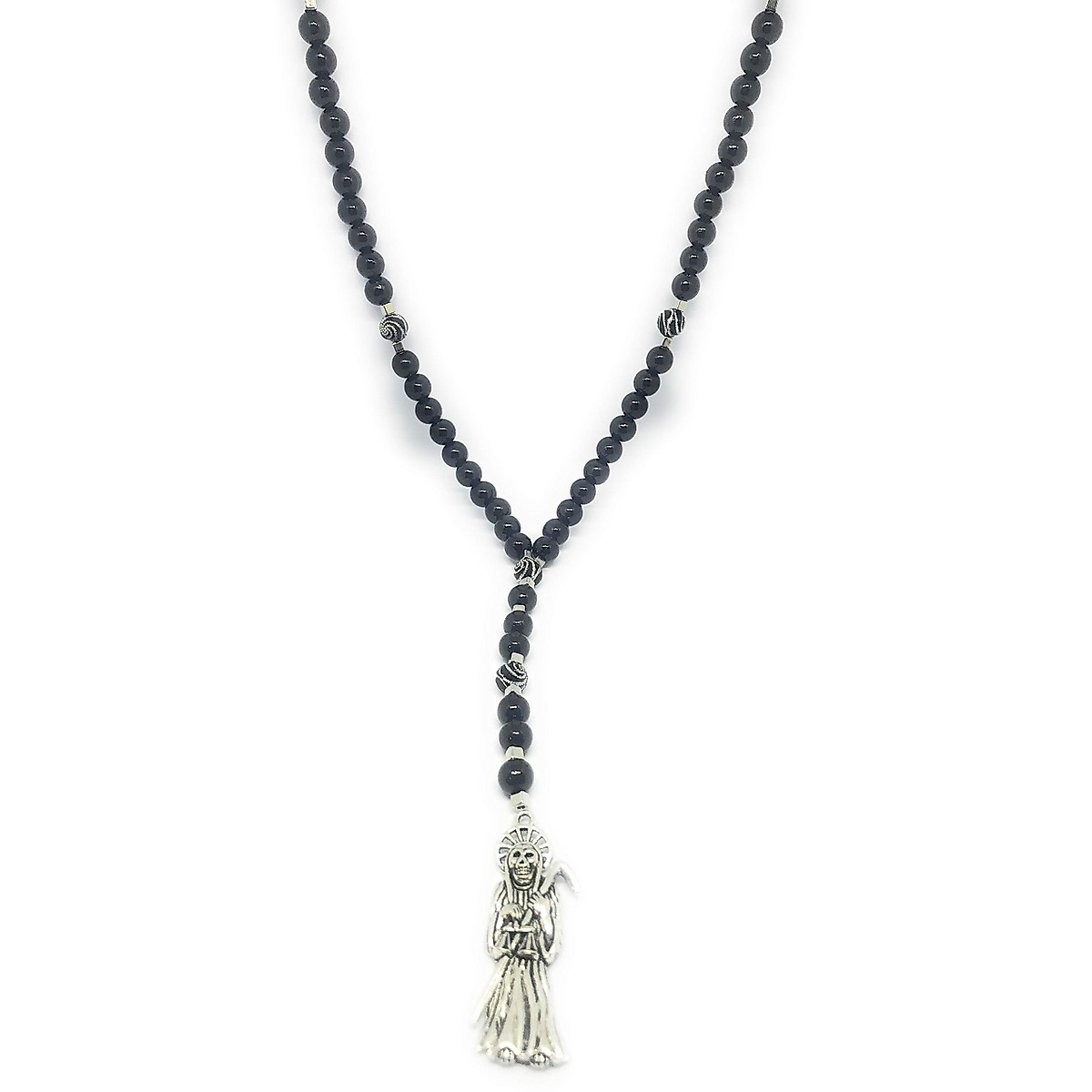 Acrylic Holy death's necklace, rosary style. Collar de la Santa Muerte de acrilico estilo rosario. Grim reaper Y style necklace.