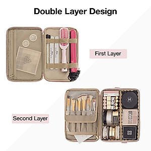 BAGSMART Large Makeup Bag, Double Layer Cosmetic Bag Travel Makeup Case Organizer with Shoulder Strap for Cosmetics Makeup Brushes Toiletries Travel Accessories (Medium, Pink)