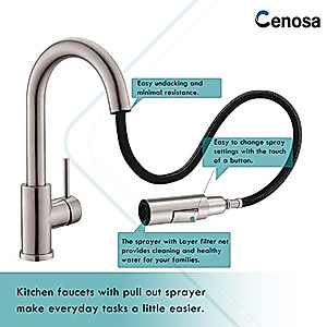 CENOSA Modern Bar Sink Faucet for Kitchen Sink Single Handle with Pull Out Sprayer Hot and Cold Prep Sink Faucet Brushed Nickel