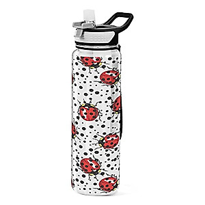 Wusikd Red Ladybugs Water Bottle Tritan BPA-Free Drink and Straw Leakproof Motivational Black Dot White Drinking Water Bottles with Carrying Strap for Office, Gym, Outdoor Sports