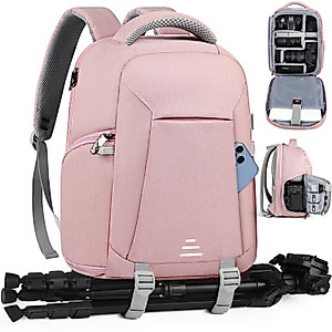 Lubardy Camera Bag Professional DSLR SLR Mirrorless Camera Backpack 14 Inch Waterproof Laptop Backpack Anti-Theft Camera Case with Rain Cover Large Capacity Photography Backpack for Men Women, Pink