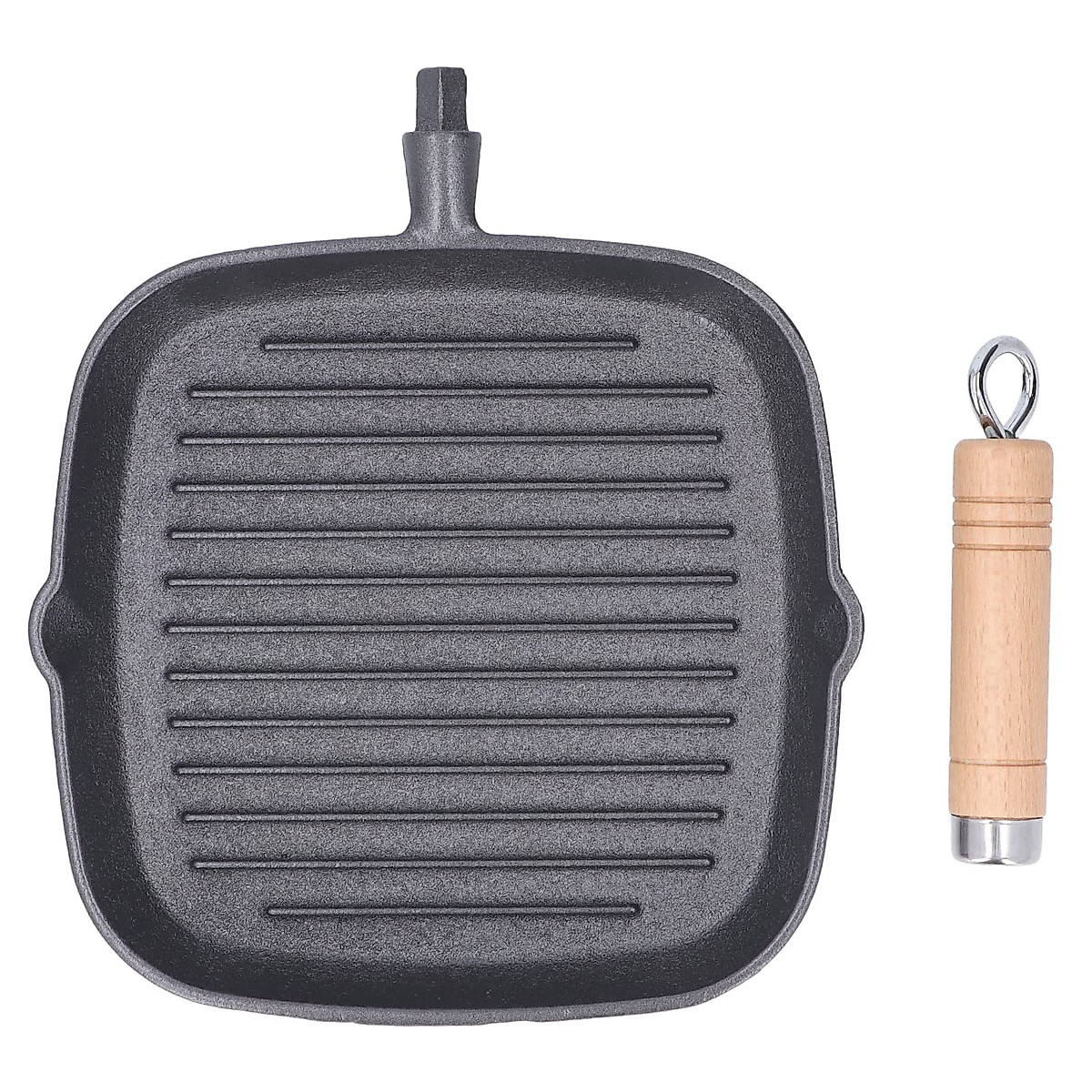 Cast Iron Grill Pan,Square Nonstick Grill Pan,Multipurpose Prevents Stick Quadrate Steak Pan,Stove Top Grill Pan with Detachable Wooden Handle for Bacon Steak Onion