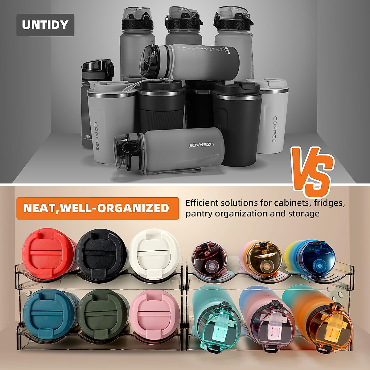 GLDDAO Water Bottle Organizer,Stackable Water Bottle Organizer for Cabinet,Tumbler Travel Mug Holder,Wine Drink Srack for Kitchen Countertop Freezer Pantry Organizers and Storage (12 Bottles)