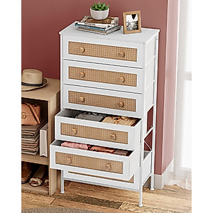 Crestlive Products Rattan Dresser Storage Tower, Tall Fabric Dresser, Chests of Drawers, Wood Top &Wood Handles - Organizer Unit for Bedroom, Hallway, Entryway, Closets - 6 Drawers (White)