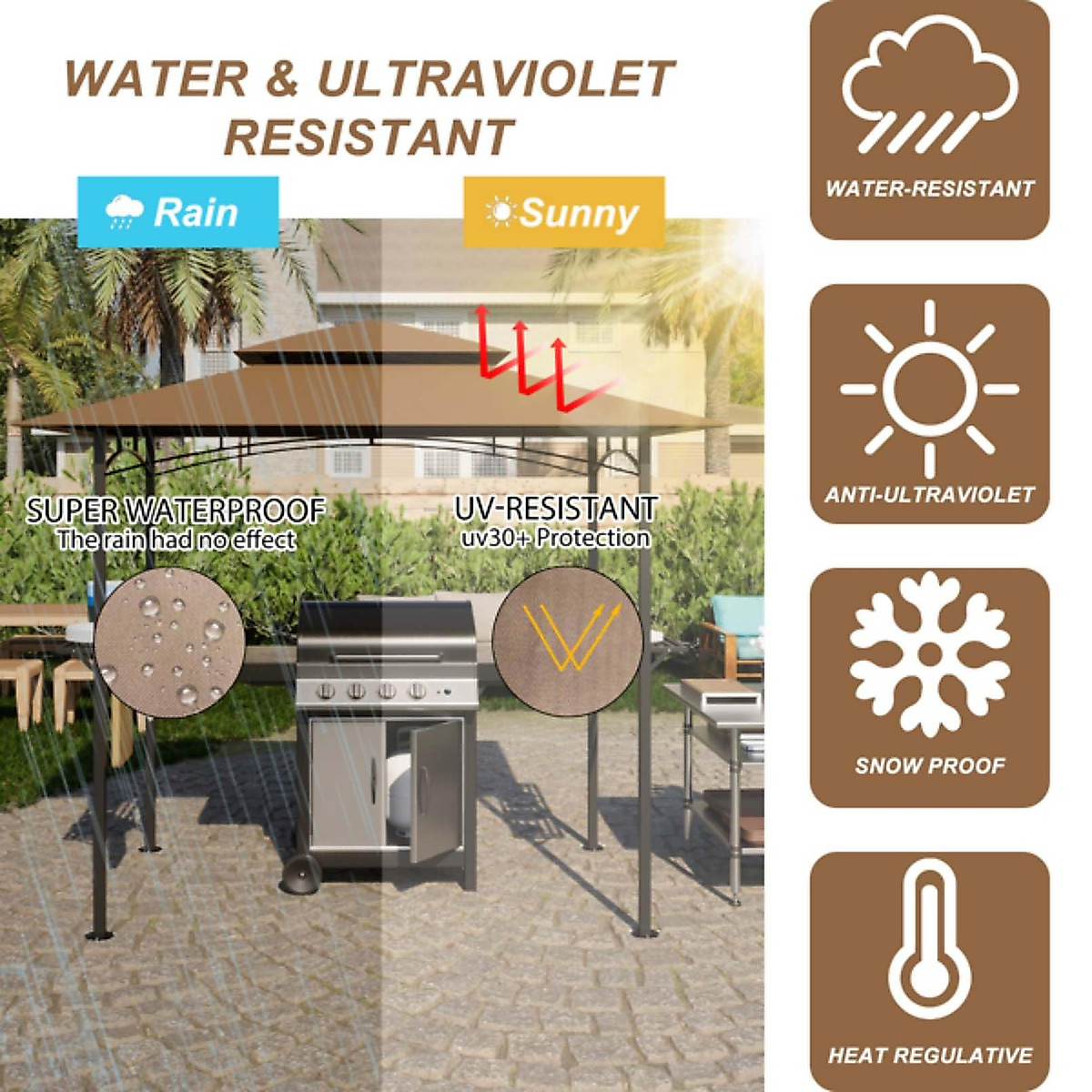 8 x 5 FT Grill Pergola Tent with Air Vent Double Tiered BBQ Gazebo Outdoor Barbecue Canopy, Khaki, Outdoor Double Roof Steel Frame Canopy Gazebo for Lawn, Garden, Backyard and Deck