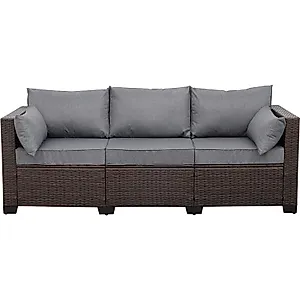 WAROOM Patio Couch PE Wicker Outdoor 3-Seat Sofa Brown Rattan Furniture Set Deep Seating with Anti-Slip Grey Cushion