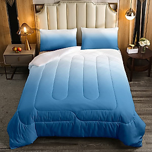 Erosebridal Sky Blue Comforter Set Twin Size Ombre Bedding Set for Kids Boys Girls Blue White Gradient Down Comforter Sea Ocean Blue Farmhouse Modern Abstract Art 3D Print Quilt Duvet Insert