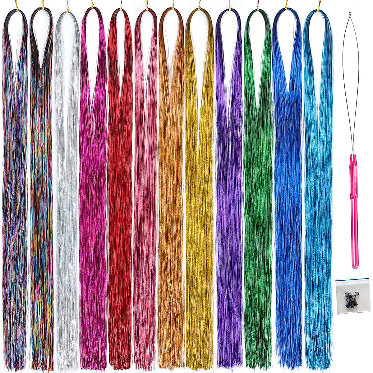 UPTOUP 46 inch Hair Tinsel Kit with Tools 12 Colors 2000 Strands Glitter Sparkling Shiny Hair Extensions Silk Fairy (12 colors)