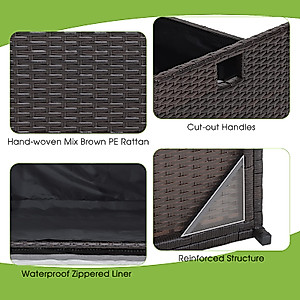 Tangkula 34 Gallon Outdoor Storage Bench with Seat Cushion, Patio Mix Brown Wicker Deck Box with Waterproof Liner and Side Handles, Outdoor Storage Bench for Cushions, Garden Tools, Pool Accessories