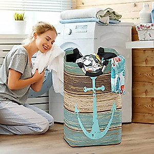 Nautical Anchor Large Laundry Hamper, Wooden Texture Laundry Baskets with Handle, Oxford Storage Basket, Portable Folding Clothes Hamper for Nursery, College Dorm, Bedroon, Bathroom