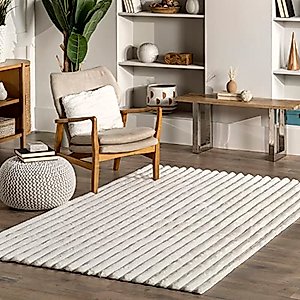 nuLOOM Kai Stripe Faux Rabbit Machine Washable Area Rug, 3' 9" x 6', White