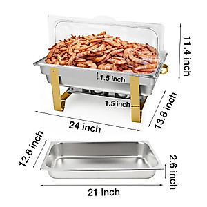 Restlrious Chafing Dish Buffet Set with Roll Top Plastic Cover 2 Pack, Stainless Steel 8 QT Rectangular Chafers and Buffet Warmers Complete Set w/Food Pan Water Pan, Fuel Holder in Gold Accent