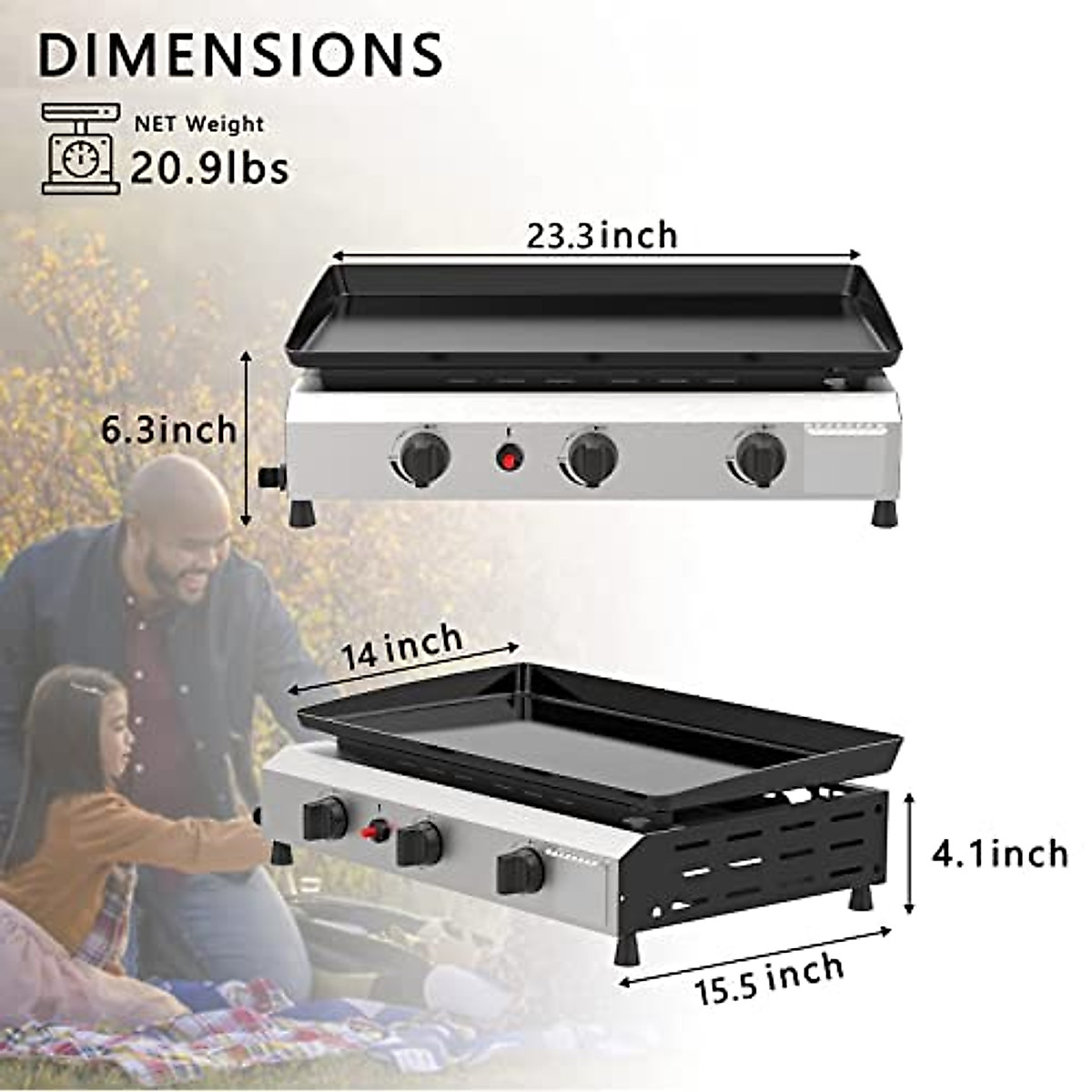 SKOK 3 Burner Gas Griddle- 23.3 Inch Outdoor Propane Griddle-30000 BTU Propane Fuelled, Portable Flat Top Gas Grill Camping Griddle Station with Side Shelves for Kitchen, BBQ, Camping Tailgating