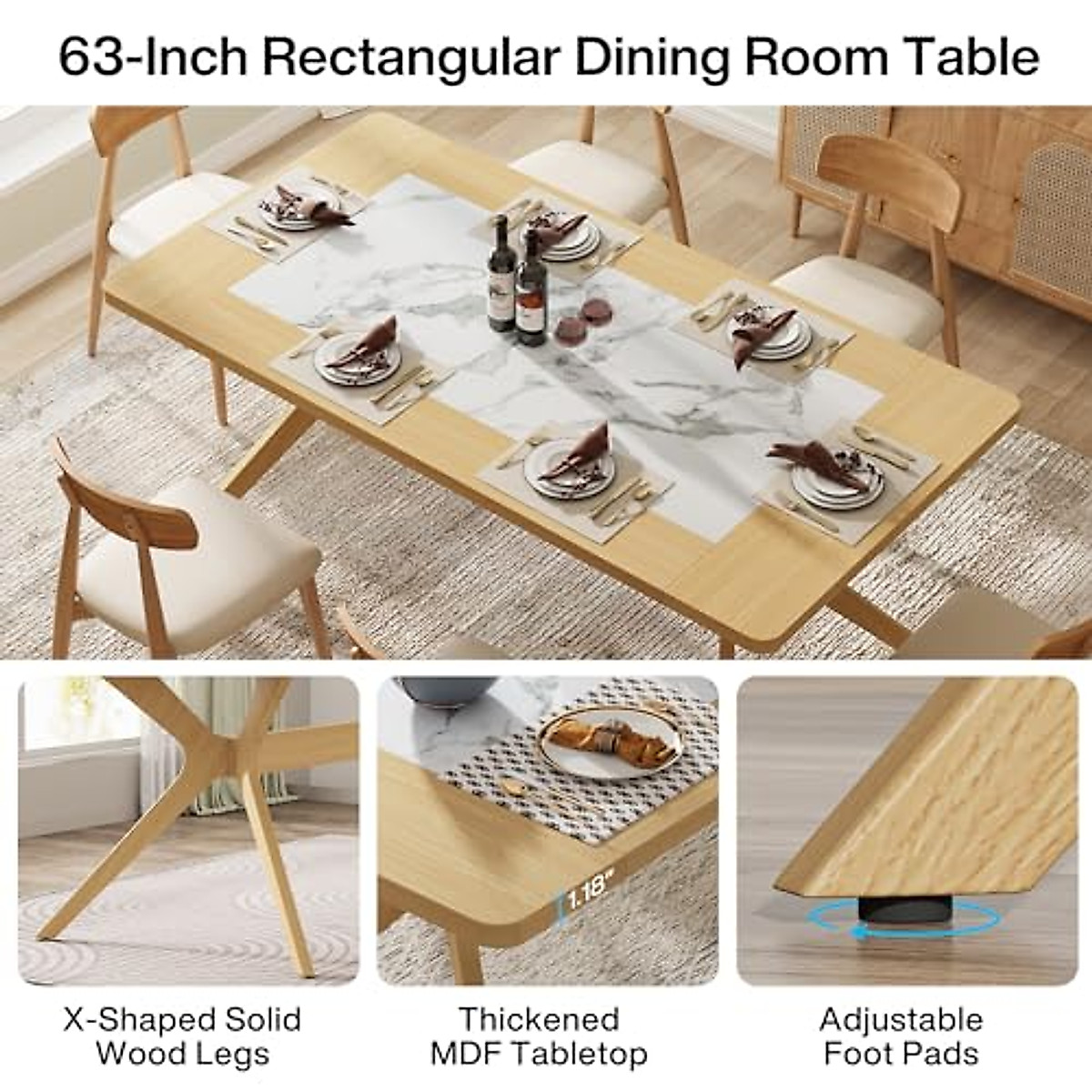Tribesigns 63-inch Dining Table for 6, Modern Rectangular Dinner Table, Large Kitchen Table with X-Shaped Solid Wood Legs and Faux Marble Tabletop, for Dining Room, Kitchen (Oak and White Marble)