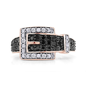 1/4 Carat Black & White Natural Diamond Anniversary Belt Buckle Ring In 14k Rose Gold Over Sterling Silver (0.25 Cttw) Ring Size-7.5