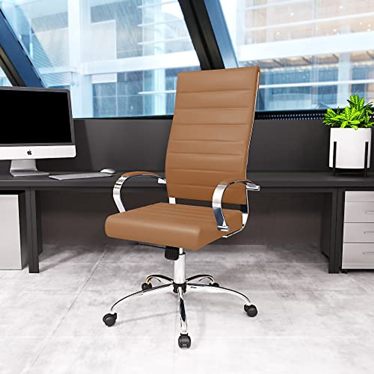 LeisureMod Benmar Modern High-Back Adjustable Swivel Leather Office Chair, Brown