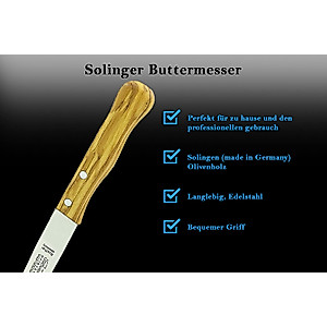 SMI - Bread Knife Solingen Butter Knife Olive Wood Handle Butter Spreader Table Knife with Wide Blade - Made in Germany - Not Dishwasher Safe