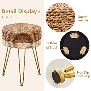 Cpintltr Natural Seagrass Hand Weave Poufs Vanity Stool Velvet Ottoman Stool Round Ottoman Foot Stool with Metal Legs for Living Room Bedroom Natural White