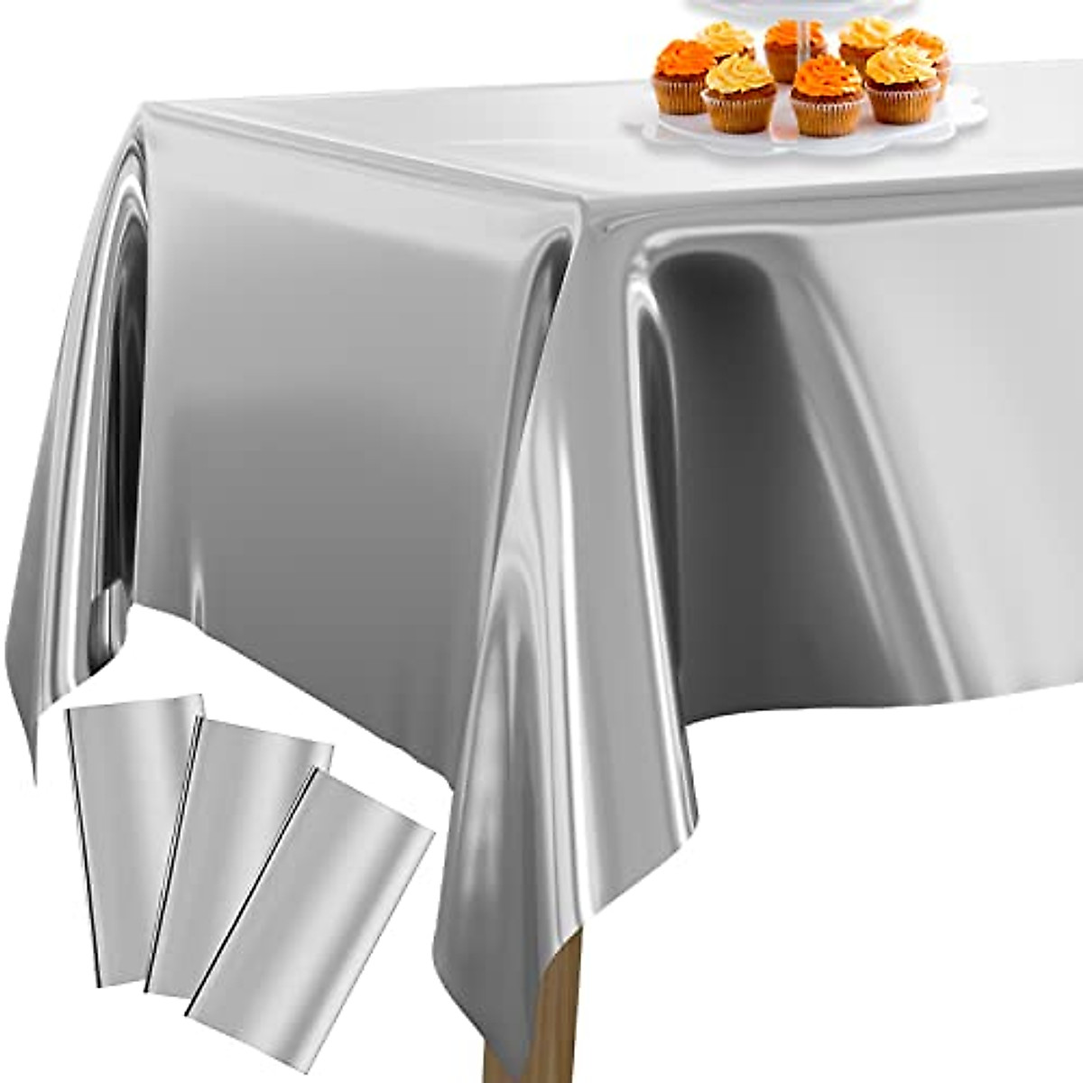 PartyWoo Silver Foil Tablecloth, 3 Pack 54 x 108 Inch Rectangle Tablecloth, Foil Tablecloth for 6 to 8 Foot Table, Metallic Table Cover, Waterproof Table Cloth for Birthday, Wedding, Party