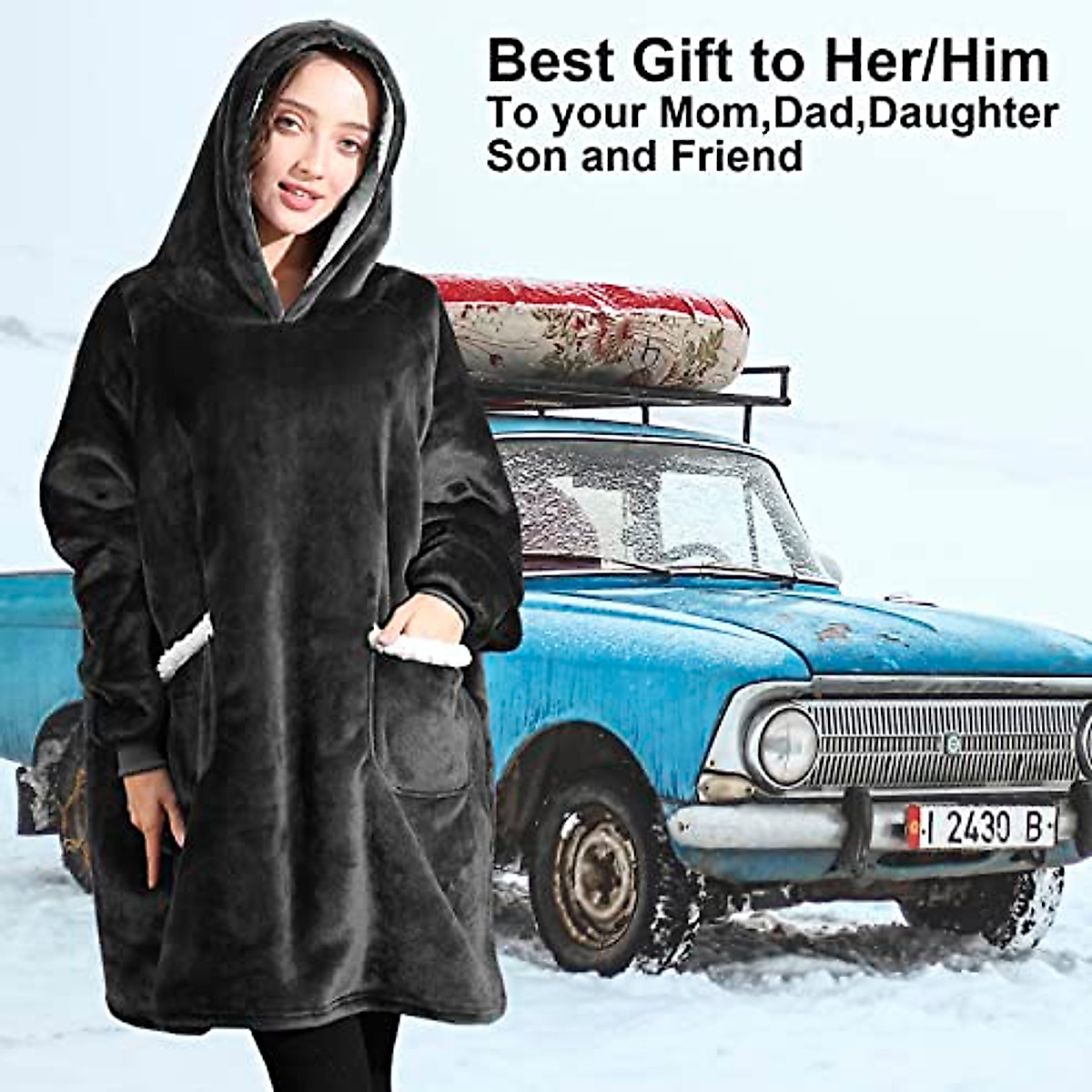 Wearable Blanket Hoodie,Super Soft Warm Plush Hooded Blanket for Adult Women Men, One Size Fits All. (Black)