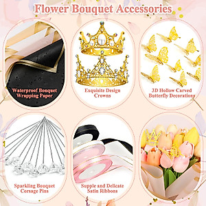 cridoz 195Pcs Flower Bouquet Accessories Supplies, 40 Flower Wrapping Paper, 4 Gold Crowns, 48 Butterfly Decorations, 100 Flower Pins and 3 Ribbons for Mother's Day Wedding Baby Shower Graduation