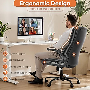 Sweetcrispy Home Office Chair, Ergonomic High Back Heavy Duty Task Chair with Flip-up Arms, PU Leather, Adjustable Swivel Rolling Chair with Wheels, Black