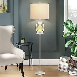 Hamucd White Coastal Standing Floor Lamps with LED Lantern Nightlight for Modern Farmhouse Living Room Bedroom