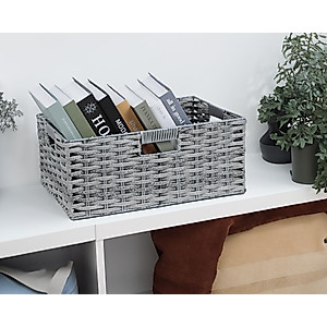 Large Storage Basket, Rectangular Wicker Basket for Organizing, Waterproof Plastic Woven Basket for Storage, Shelf Basket with Built-in Handles, Pantry Baskets-1 Pack