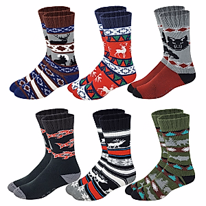6 pairs Packs Thermal Lodge Socks for Men and Women, Heated Winter Non-Skid Boot Socks, Insulated for Cold (as1, numeric, numeric_10, numeric_13, regular, regular, Assorted Winter Themed, 10-13)