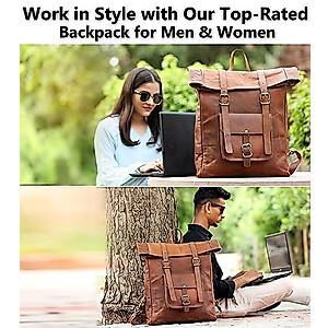 ANUENT Roll Top Leather Backpack for Men and Women Vintage Brown Large Laptop and Travel Bag Best Rucksack for Work, Adventure, and Business Leather Bookbag