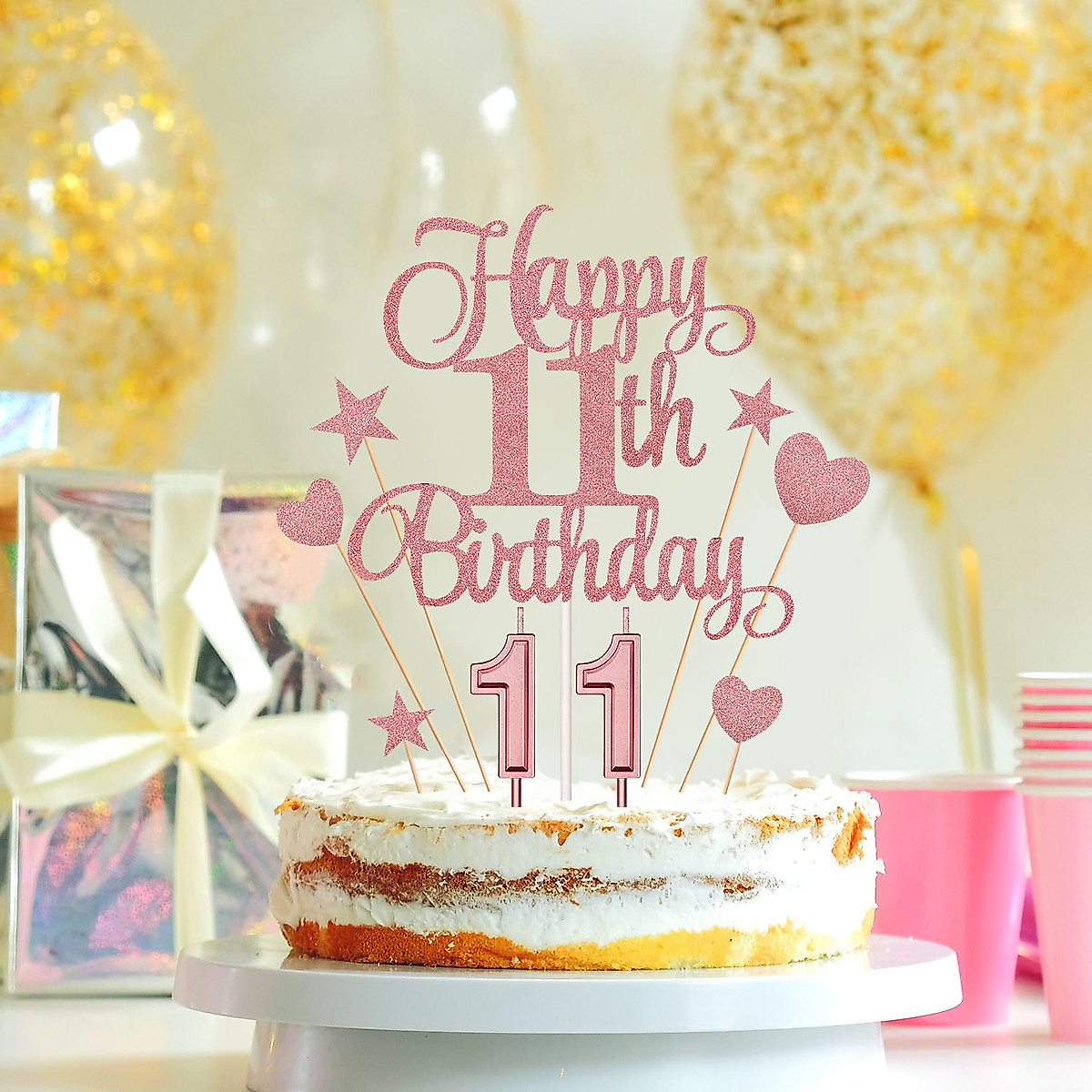 11th Birthday Cake Decorations Set Include 11th Birthday Candles Numeral 11 Cake Candles and Happy 11th Birthday Cake Toppers with Heart Star Cupcake Picks for Birthday Party (Rose Gold Series)