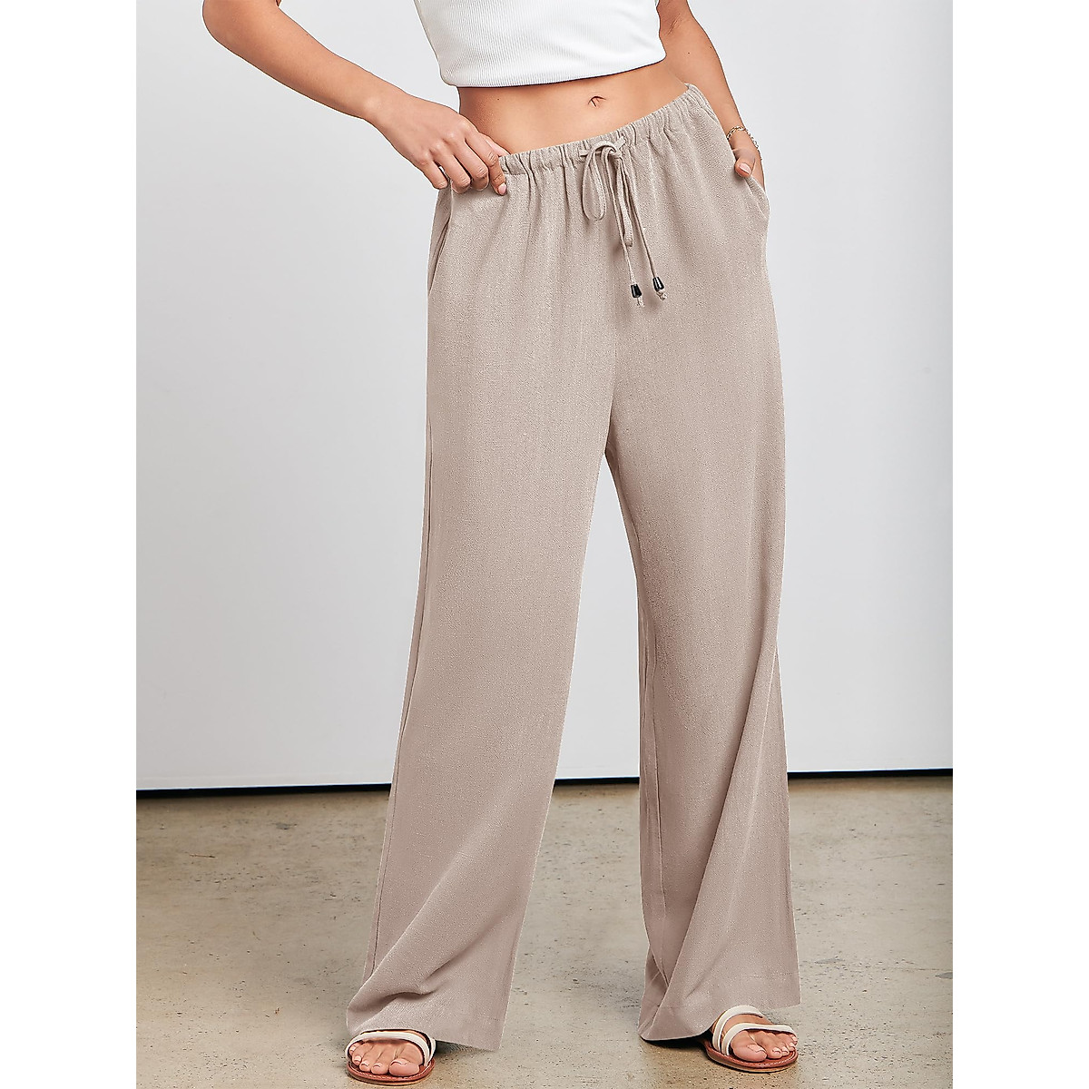ANRABESS Women's Linen Summer Palazzo Pants Elastic Waist Casual Beach Trendy Wide Leg Trousers with Pockets Large Light Khaki
