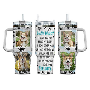 Hyturtle Personalized Picture Dog Dad 40oz Tumbler with Handle and Straw Gifts for Dog Lovers, Funny Father's Day Cup Gifts For Men, Best Gift Ideas for Fur Dad Stainless Steel Travel Cup With Lid