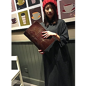 Mily Fashion Crocodile Pattern Oversize Leather Envelope Clutch Ladies Portfolio Evening Handbag Brown