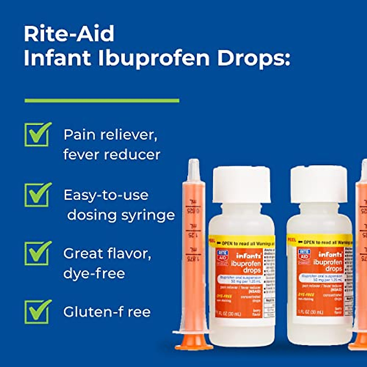 Rite Aid Infants' Dye-Free Ibuprofen Drops, Berry Flavor, 50 mg - 2 Value Pack | Infant Pain Reliever | for Babies Ages 6 to 23 Months | Ibuprofen Oral Suspension 50 mg per 1.25 mL | Gluten Free