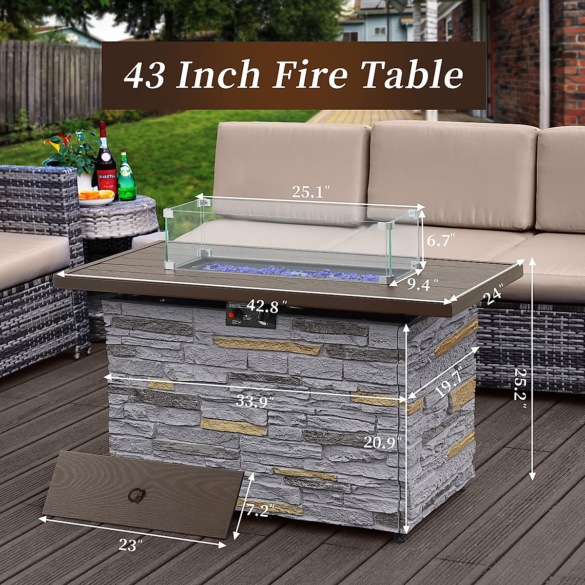 PIZZELLO 43" Propane Fire Pit Table Outdoor Rectangular Stone Firepit Table 50000 Btu Propane Fire Tables for Outside Patio with Glass Wind Guard, Lid, Fire Glass Beads, Pizzello Caldo (Gray Stone)