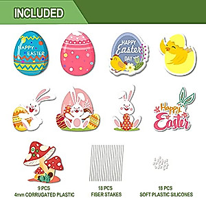 9 Pieces easter yard signs garden decorations outdoor, happy easter yard sign with Stakes, large ornaments for outside Corrugated Plastic Bunny Egg Chick