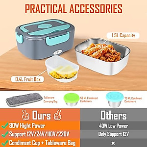 Grotreco Electric Lunch Box, Heated Lunch Box for Adults, 80W Lunch Warmer Portable for Work Car Truck, 1.5L Self Heating Lunch Box with Fork Spoon, Carry Bag