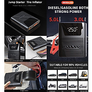 Usetify Car Battery Jump Starter with Tire Inflator Air Compressor Air Pump Inside [Fast Inflate 150PSI] [8800mAh Strong Power] for Car Motorcycle Bicycle Ball, 12V Emergency Auto Battery Booster