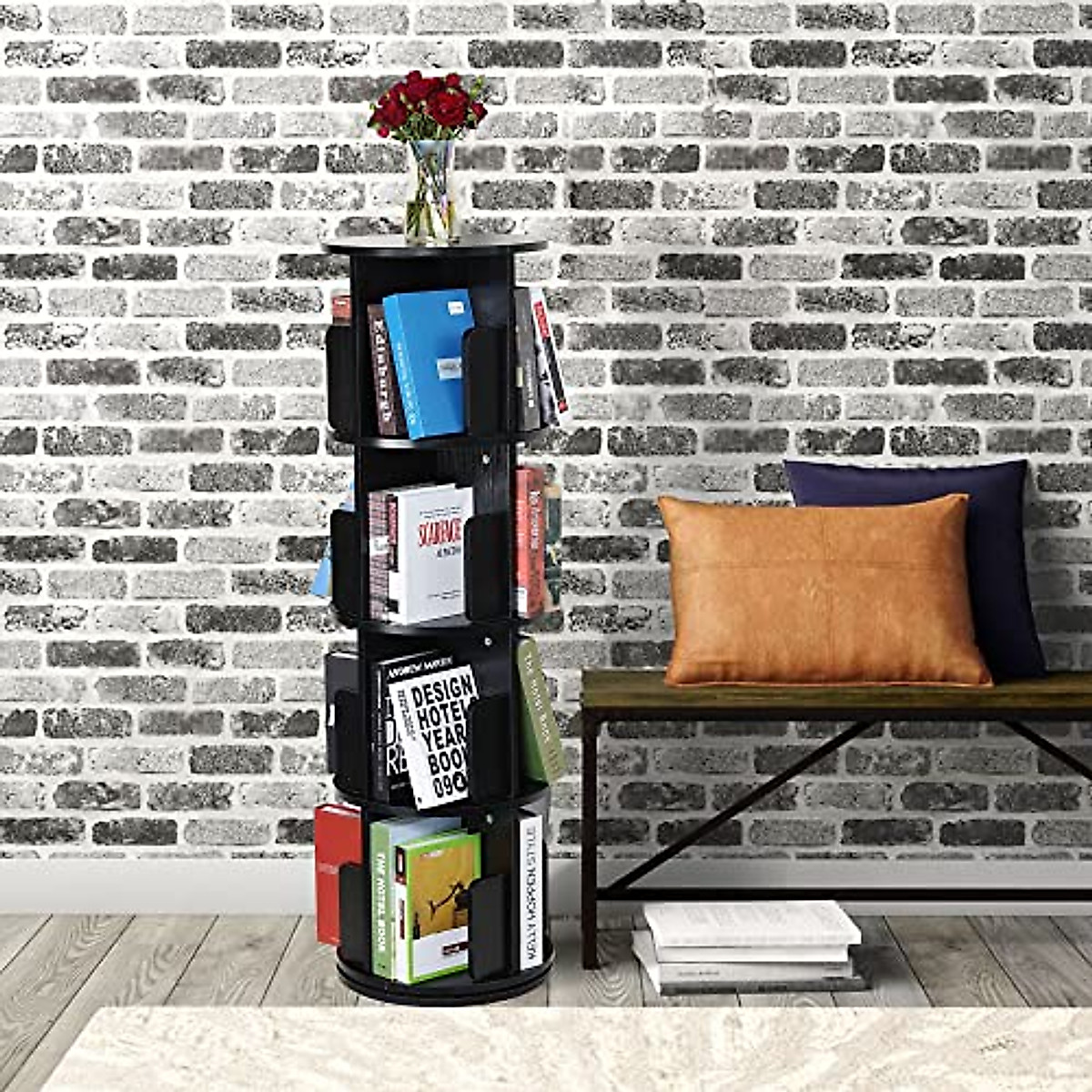 Parrot Uncle 4-Tier Rotating Bookshelf 360 Display Floor Standing Bookcase Organizer Stackable Bookshelf for Office and Living Room, Black