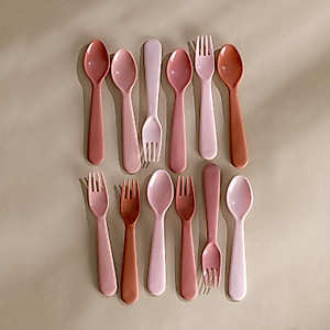 12 Pcs Toddler Utensils Set, Plastic Spoons and Forks Set for Kids, Multicolor Children Safe Flatware, Plastic Reusable Cutlery, BPA Free, Dishwasher Safe - Pink