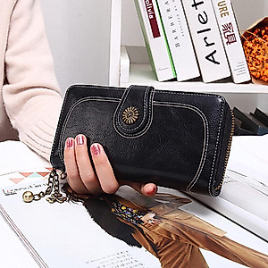 Xfmb Womens Wallet Fashion Long Purse PU Leather Wallet for Women Handbag with Cash/ID/Credit Card Holder Zipper Coin Purse 11 bank card slots Phone Pocket with Birthday Gifts Women-Black One Size