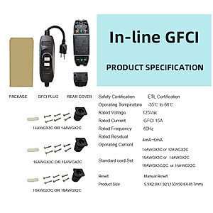 GFCI Replacement Inline Assembly 3 Wires , Auto-Monitor，Manual Reset, Waterproof, Ground Fault Circuit Interrupter for Power Pressure Washer, Power Tools, Lawn , Pool Pump,