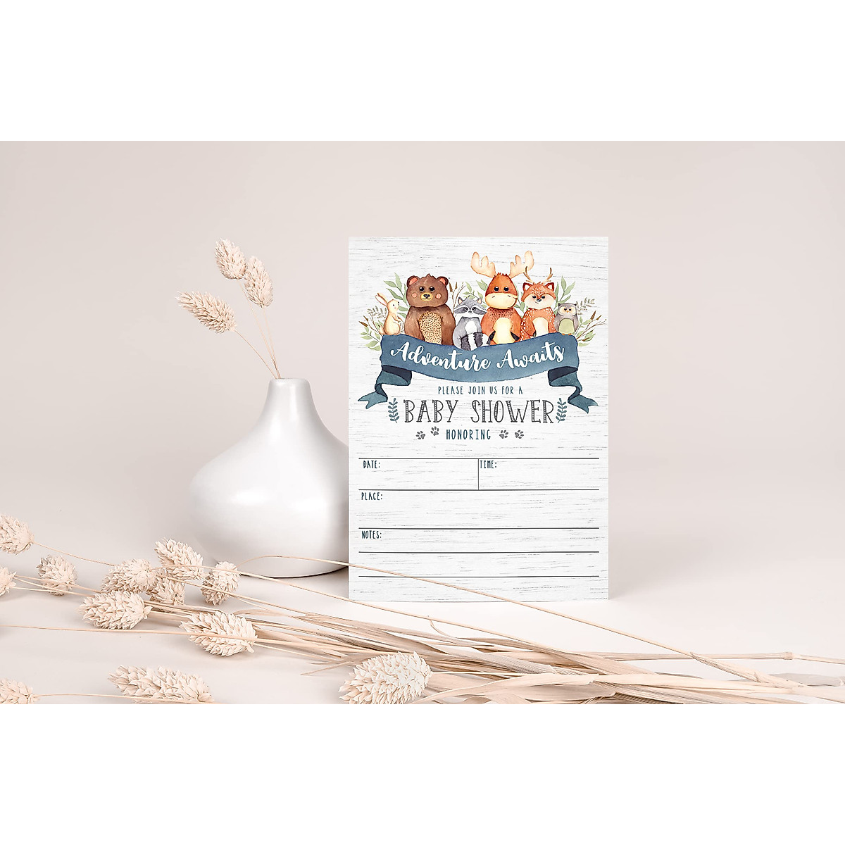 Blue Woodland Baby Shower Invitations, Forest Animal Baby Shower Invitations for Boy, Adventure Awaits Lumberjack with Bear, Moose, Raccoon, Deer, Baby Sprinkle, 20 Fill in Invitations and Envelopes