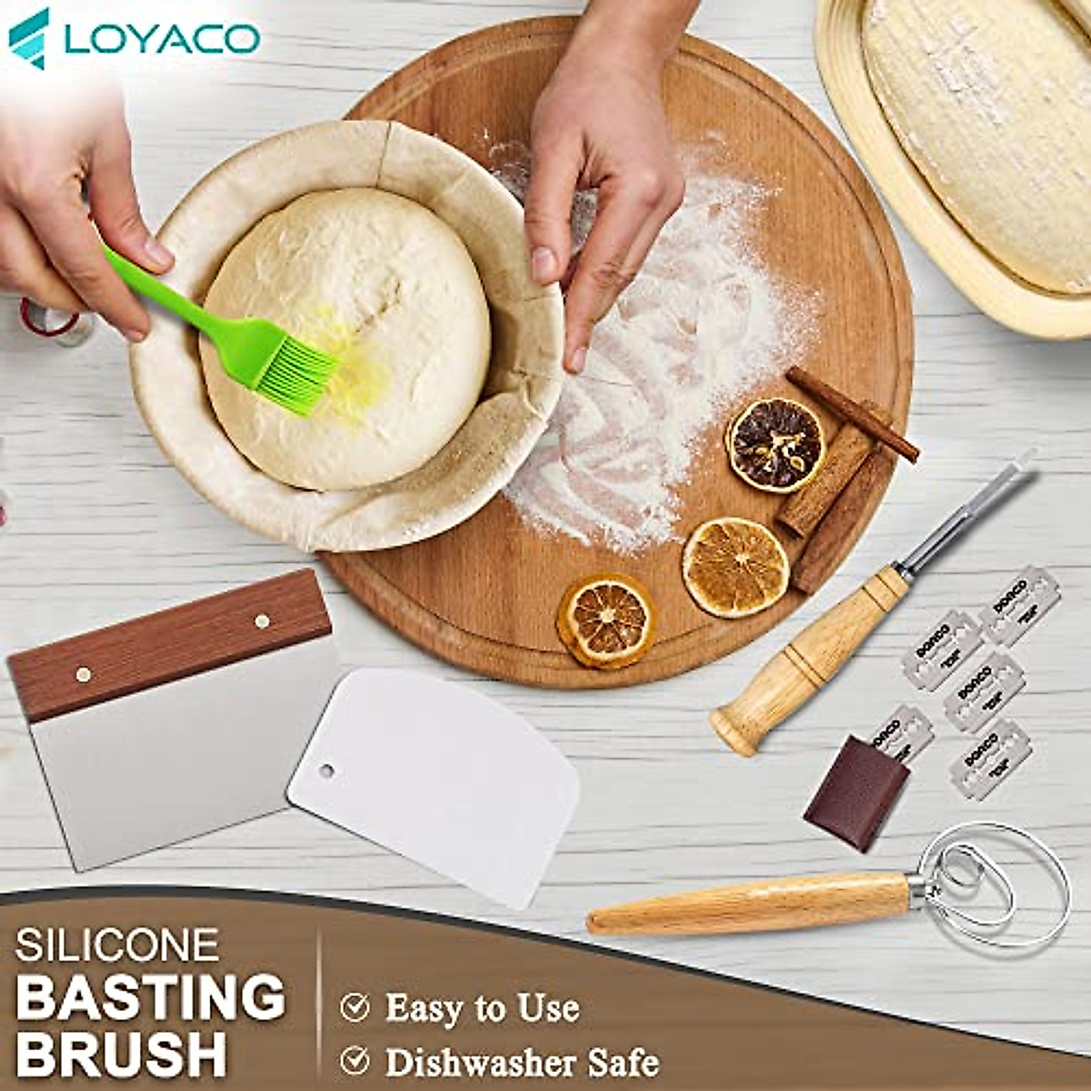 LOYACO 10pcs Banneton Bread Proofing Baskets 10" Round + 9" Oval Sourdough Proofing Basket Set with Dough Bowls, Bread Lame, Whisk, Dough Scrapers & Oil Brush - Bread Making Tools and Supplies Gift