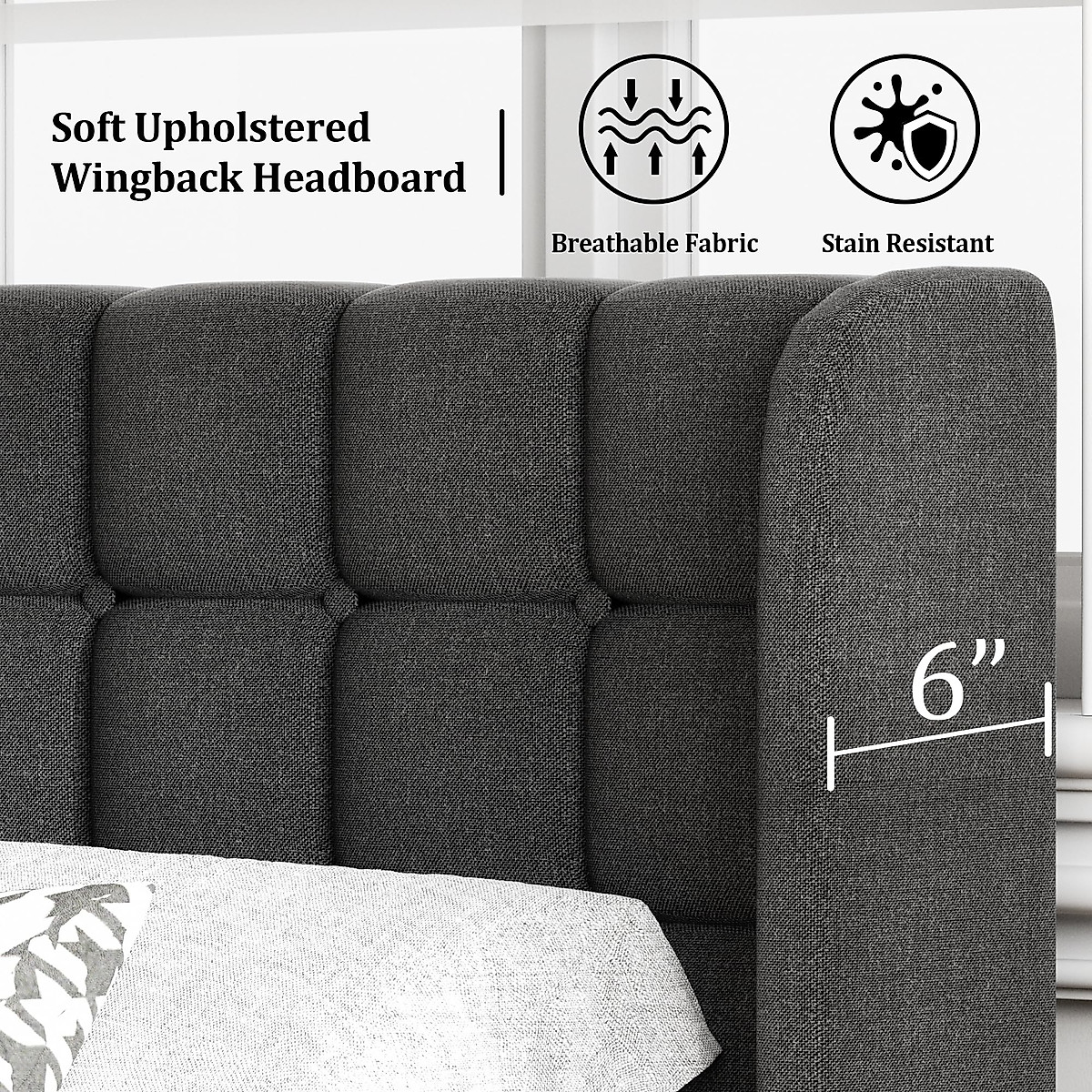 HAOARA Queen Bed Frame with Headboard and Upholstered Wingback, Modern Platform Bed Frame, Mattress Foundation Wooden Slats Support, No Box Spring Needed, Easy Assembly, Dark Grey