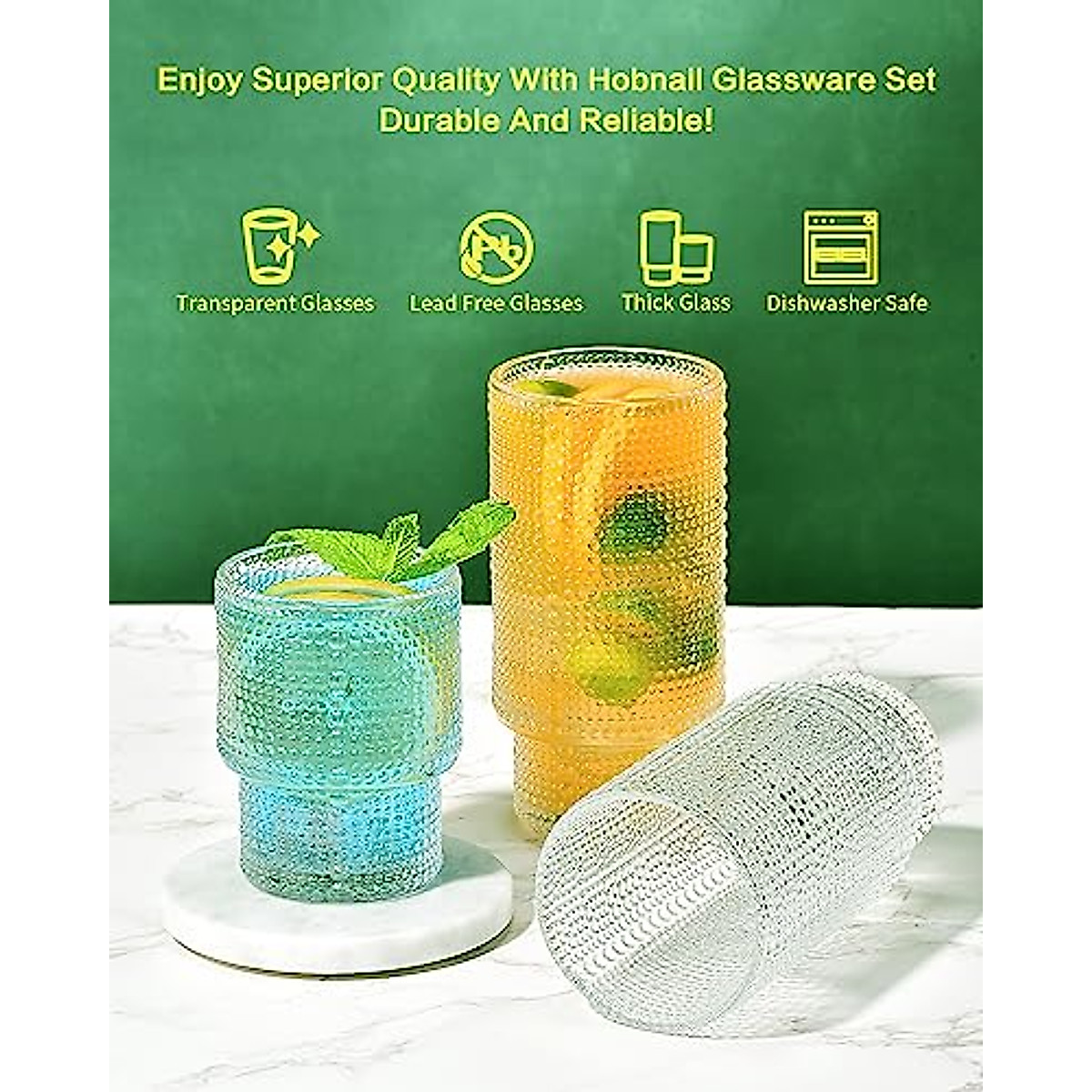 ISMASOAN Hobnail Drinking Glasses Set of 12,Glass Cups 12 oz and 7 oz,Hobnail Glassware,Vintage Glassware,Romantic Water Glasse,Drinking Glasses,Collins Glasses