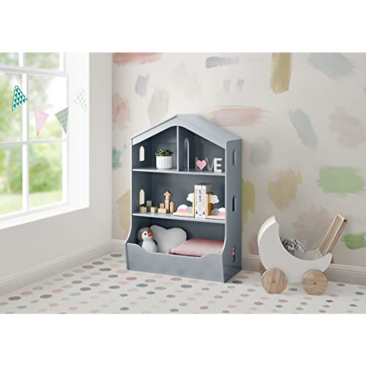 Delta Children Playhouse Bookcase with Toy Storage, Greenguard Gold Certified, Grey
