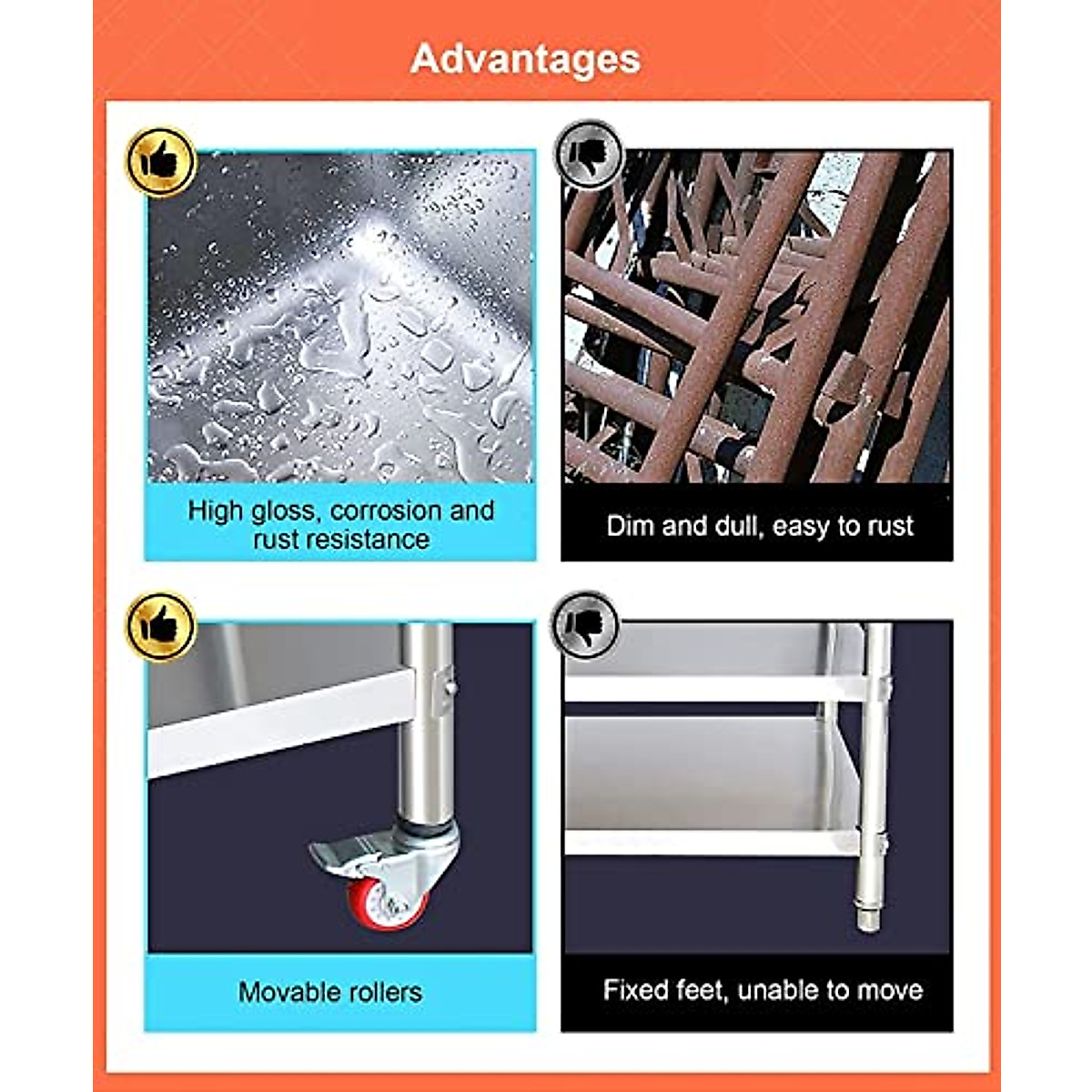 Commercial Kitchen Work Catering Table, Stainless Steel Work Table Commercial Kitchen Work Table Heavy Duty Prep Worktable with 4 Casters (Wheels) for Restaurant, Home (Size : 80X60X85CM)